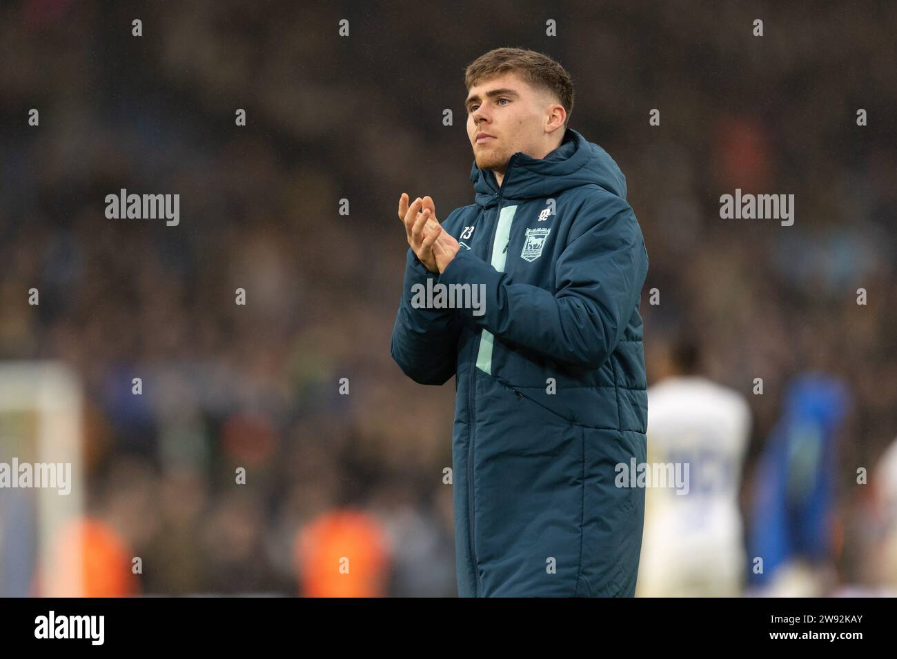 Leeds, UK. 23rd Dec 2023. Leif Davis of Ipswich Town applauds the away ...