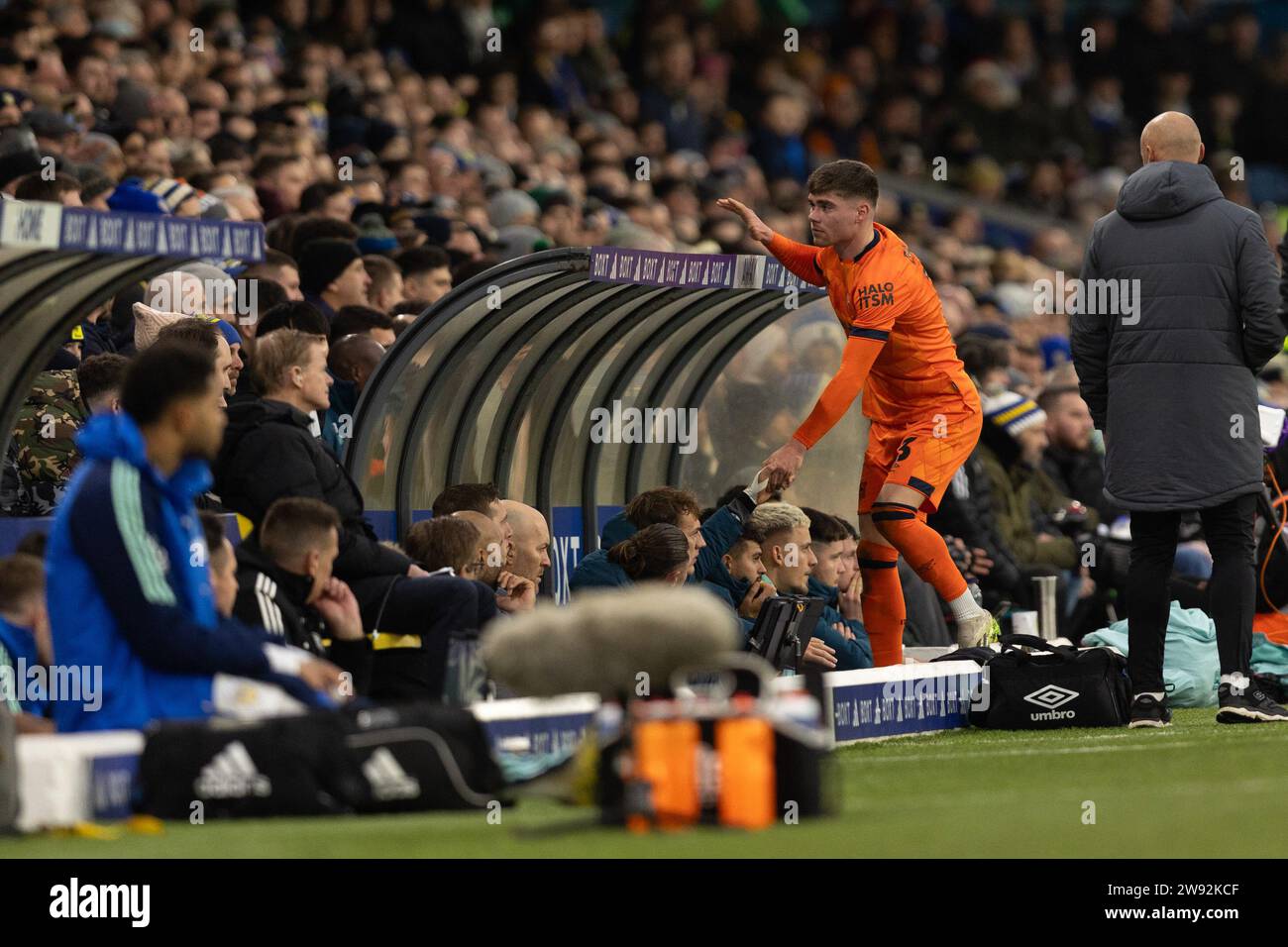 Leeds, UK. 23rd Dec 2023. Leif Davis of Ipswich Town acknowledges the ...
