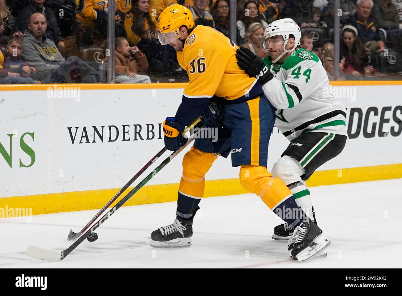 Nashville Predators left wing Cole Smith (36) and Dallas Stars ...