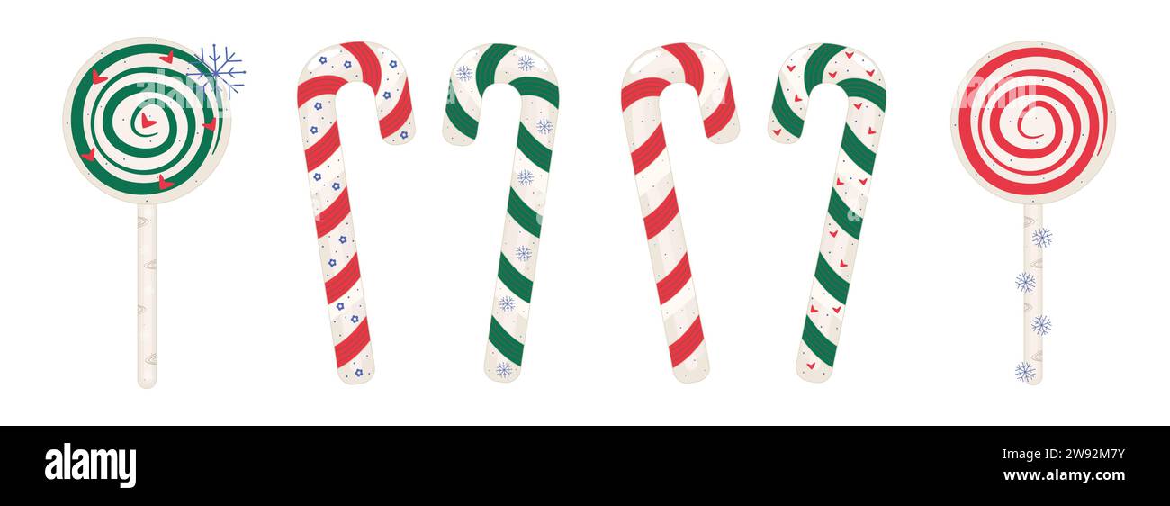 Caramel sweets, round lollipops and candy canes, colorful Christmas set ...