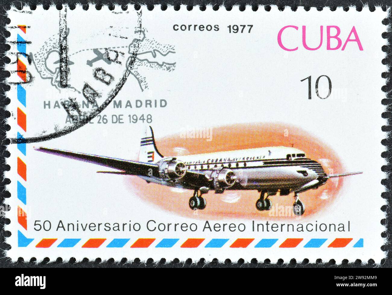 Cancelled postage stamp printed by Cuba, that shows Douglas DC-4 and ...