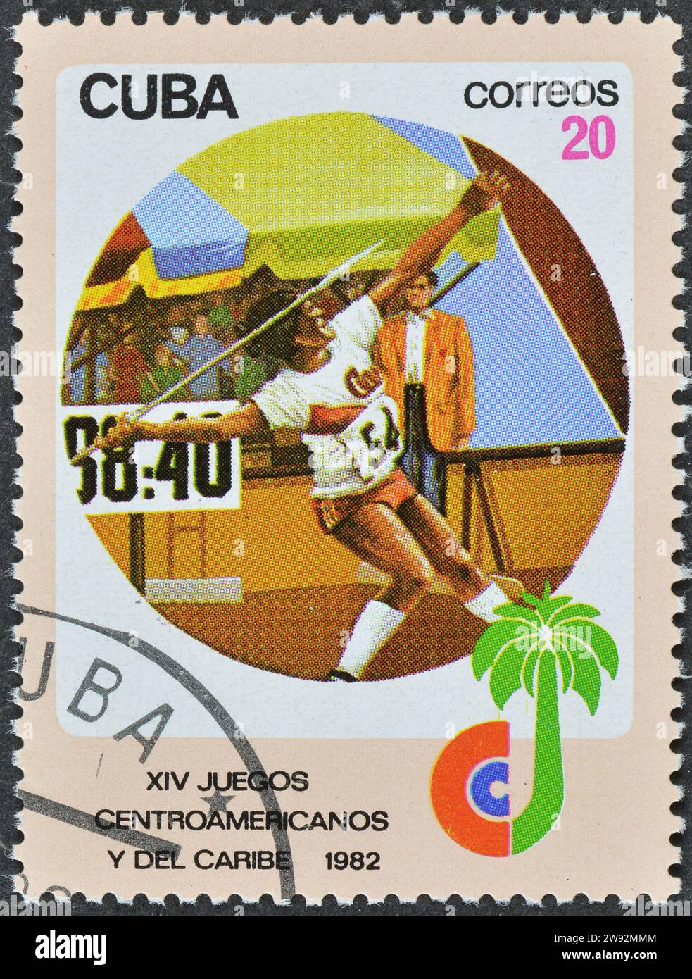 Cancelled postage stamp printed by Cuba, that shows Javelin, XIV ...