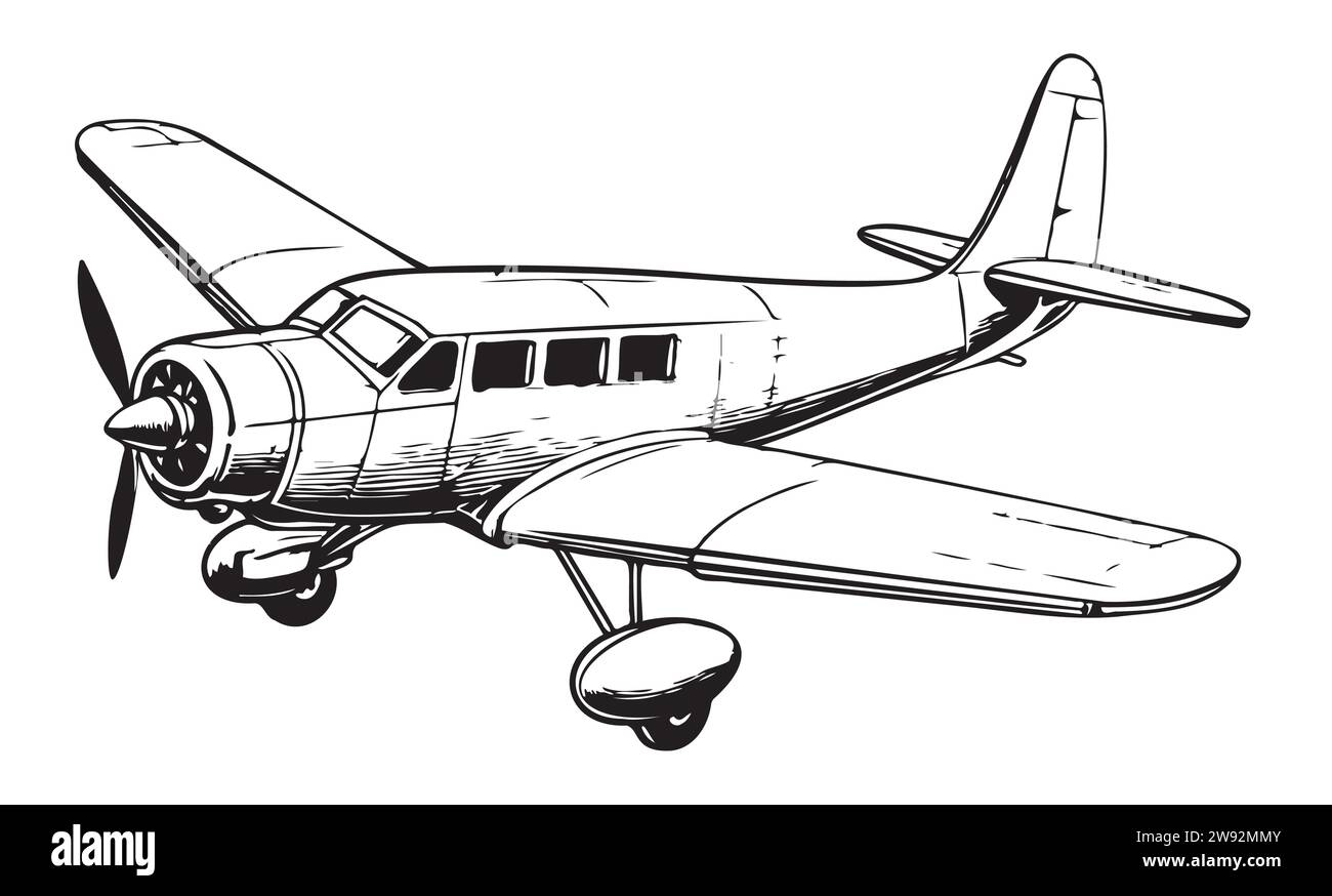 Hand drawn retro airplane. Realistic vintage plane isolated. Engraved ...