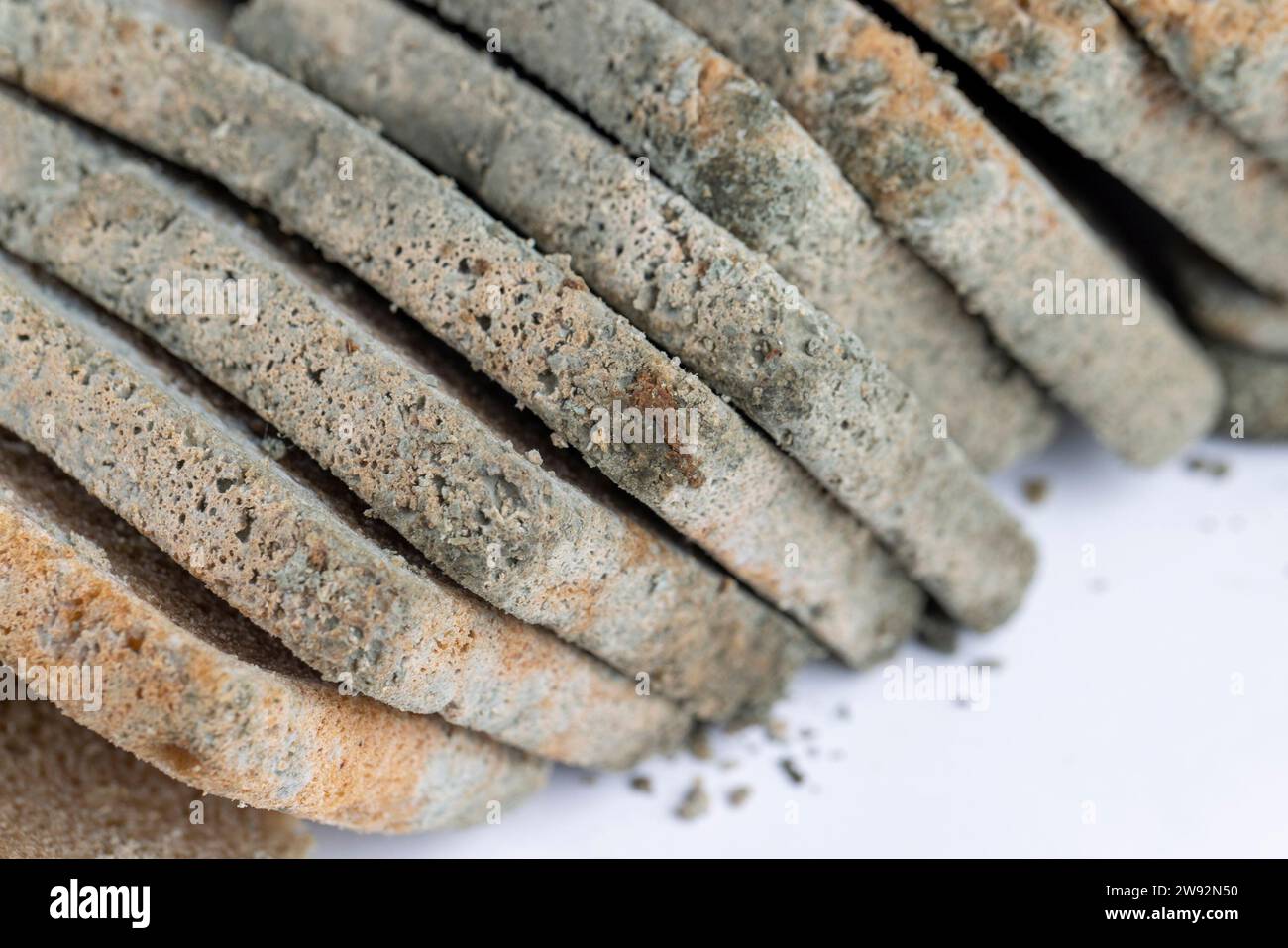 dangerous pieces of bread covered with mold on the table, a loaf of ...