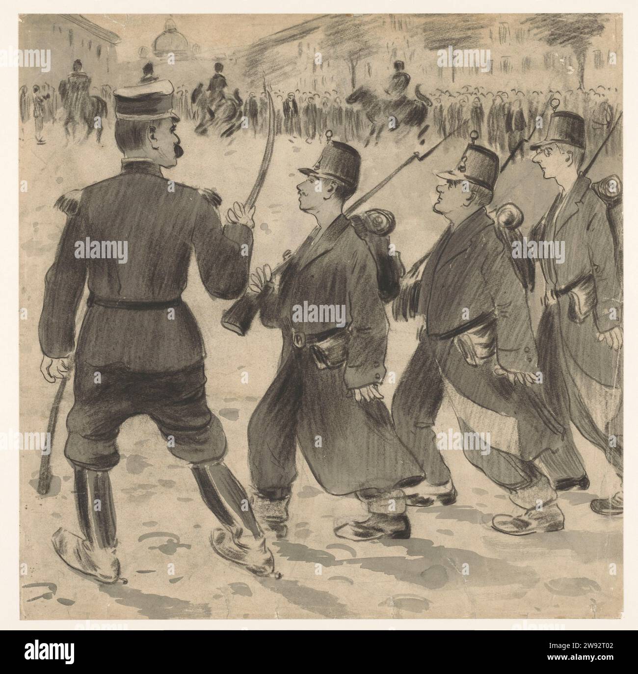 Soldiers, Jan de Waardt, 1875 - 1900 drawing Three soldiers in a long ...