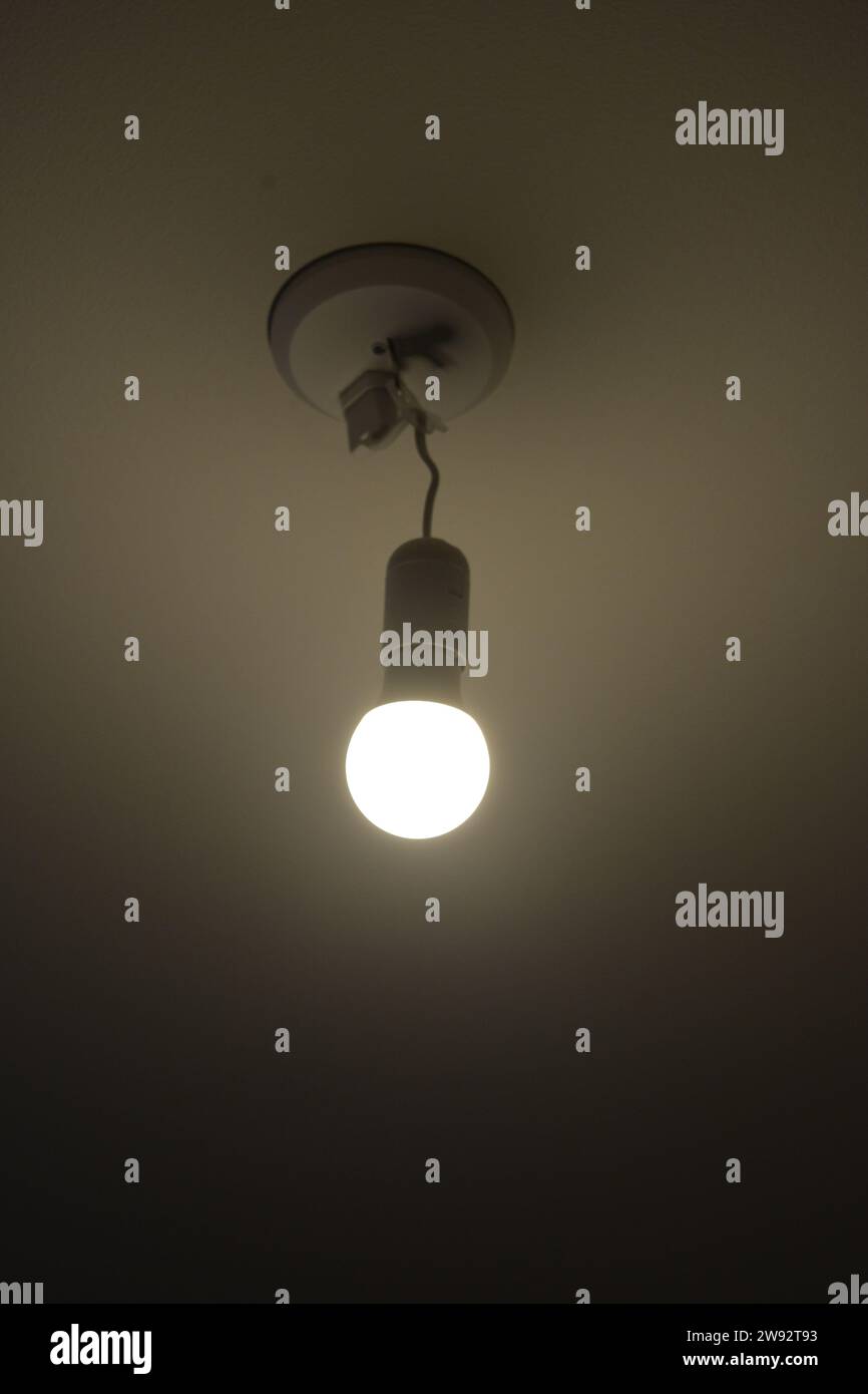 Electric light, white light bulb with white wire, room lighting in ...