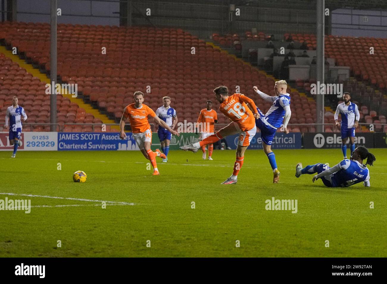 Blackpool, UK. 23rd Dec, 2023. Jake Beesley #18 of Blackpool scores a ...