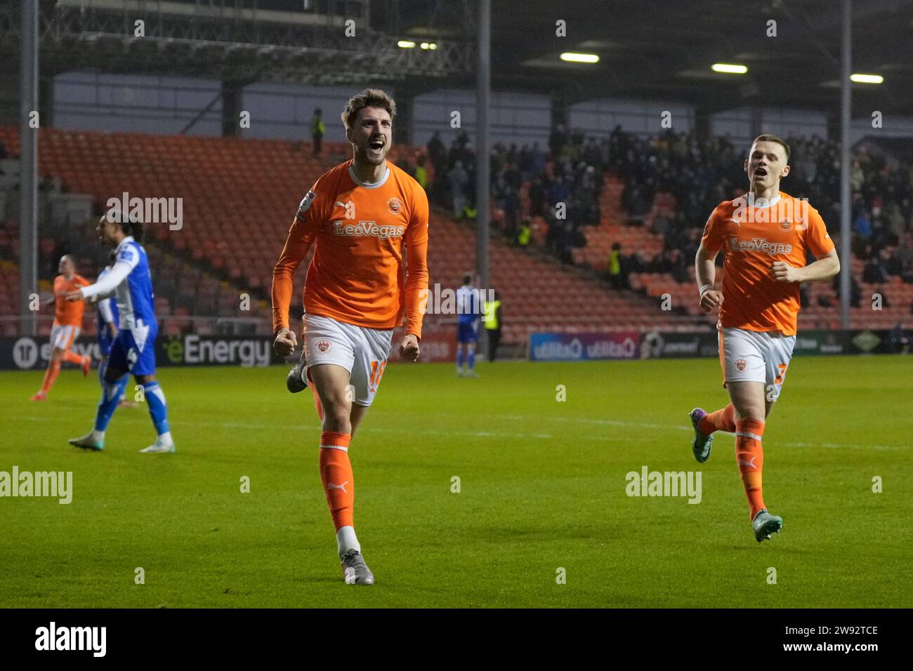 Blackpool, UK. 23rd Dec, 2023. Jake Beesley #18 of Blackpool celebrates ...