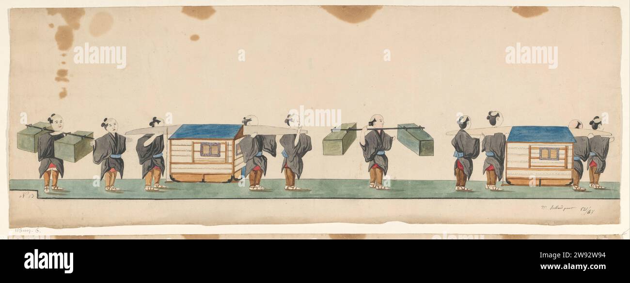 Procession of ten Japanese carriers with large and small packages on ...