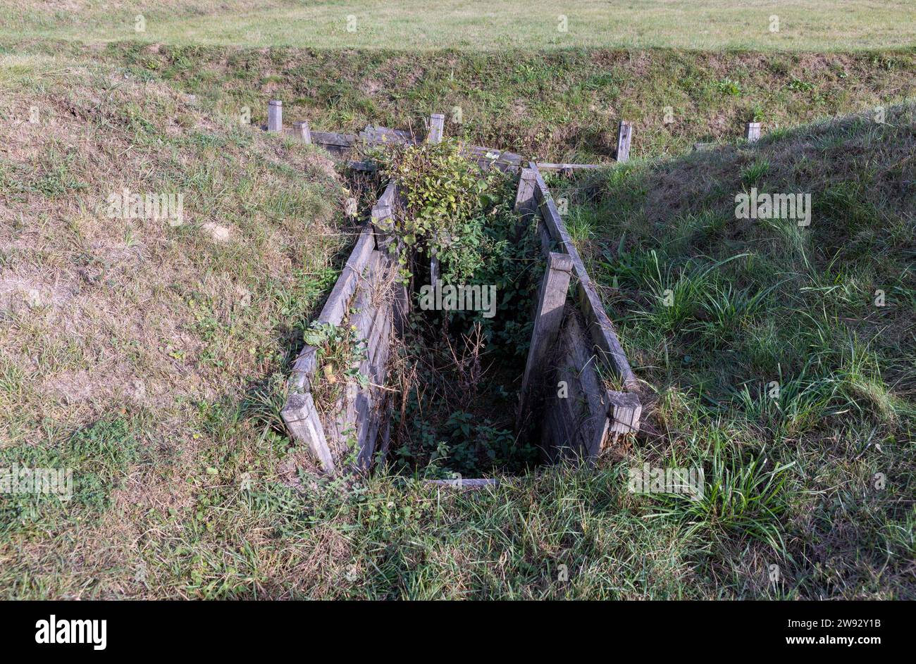 an old abandoned military trench used for defensive actions, a trench ...