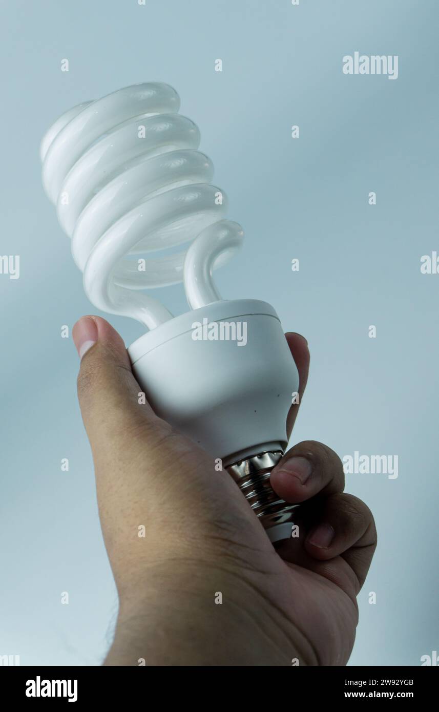 Spiral shaped bulb held in hand isolated on white background Stock ...