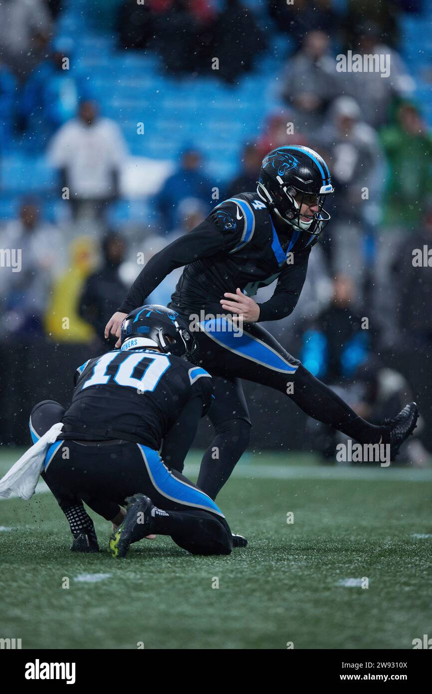 Carolina Panthers place kicker Eddy Pineiro (4) follows through on the ...