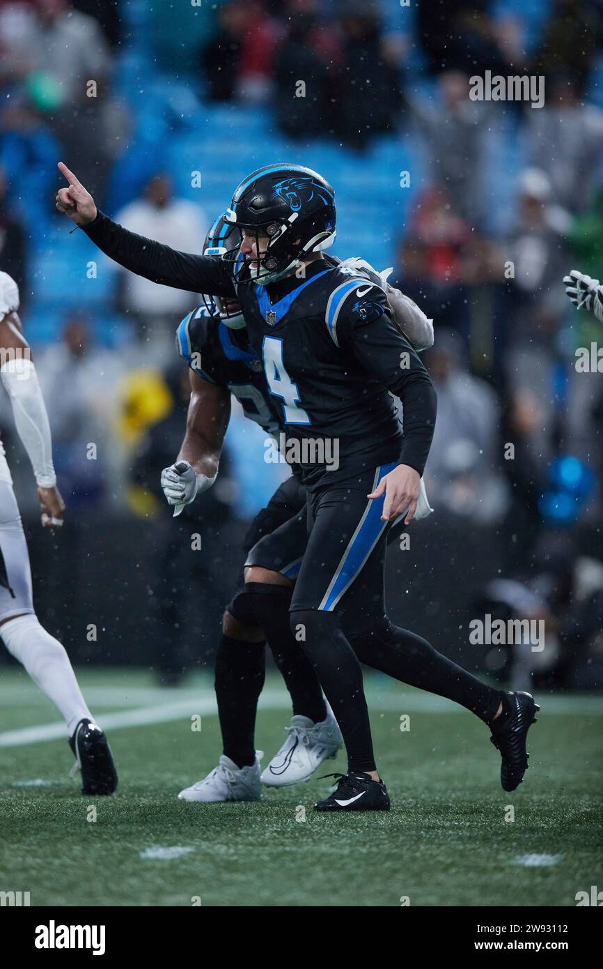 Carolina Panthers place kicker Eddy Pineiro (4) reacts after kicking ...