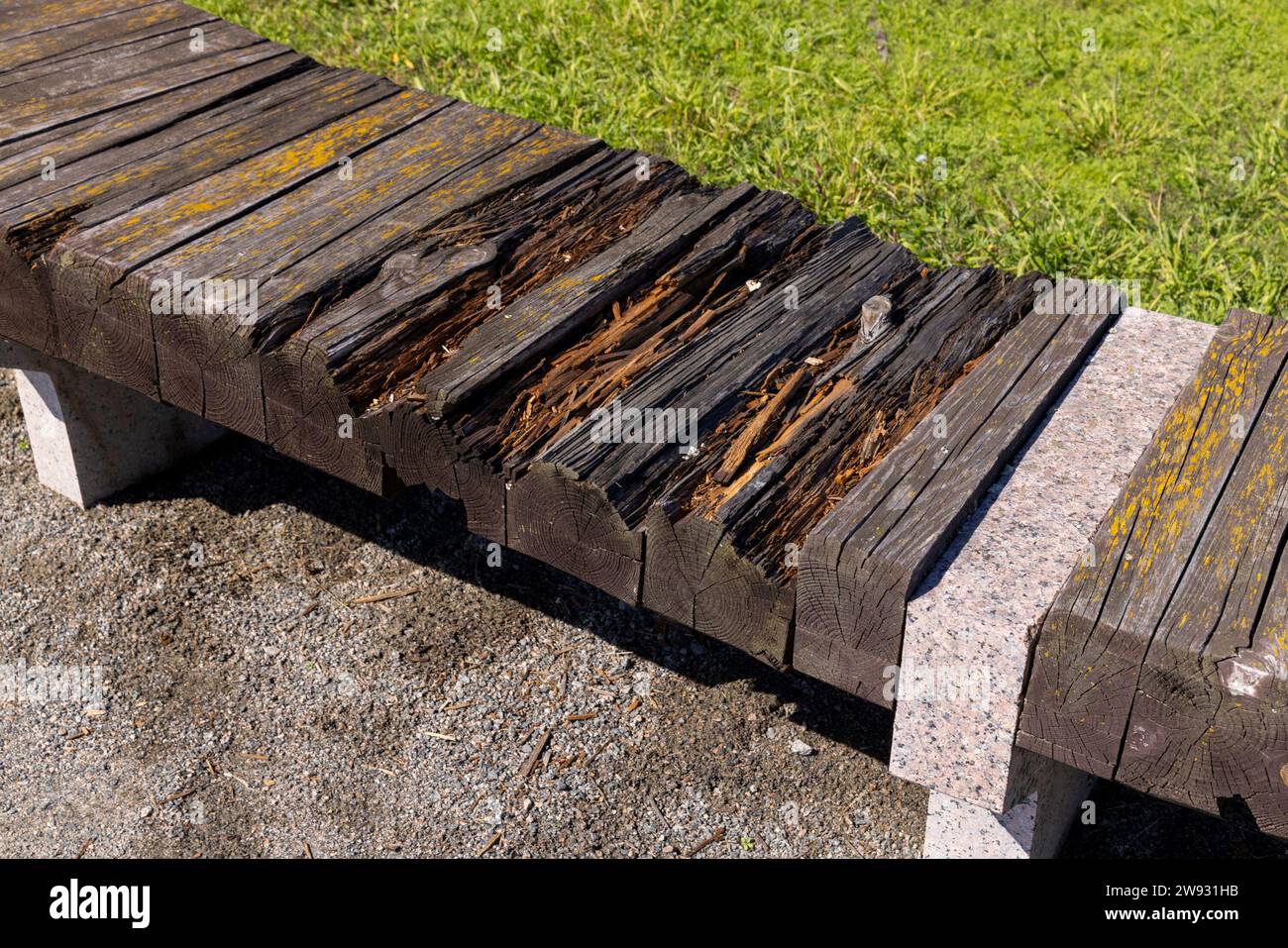 old rotten bench made of wood, old abandoned rotten bench for rest ...