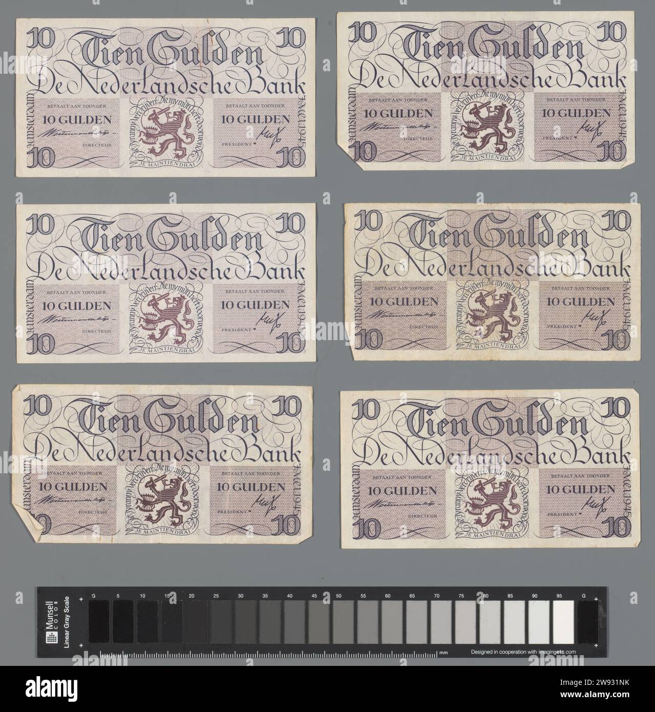 Ten guilders, Johan Enschedé & Zn., 1945 Six banknotes à f10, 00 in ...