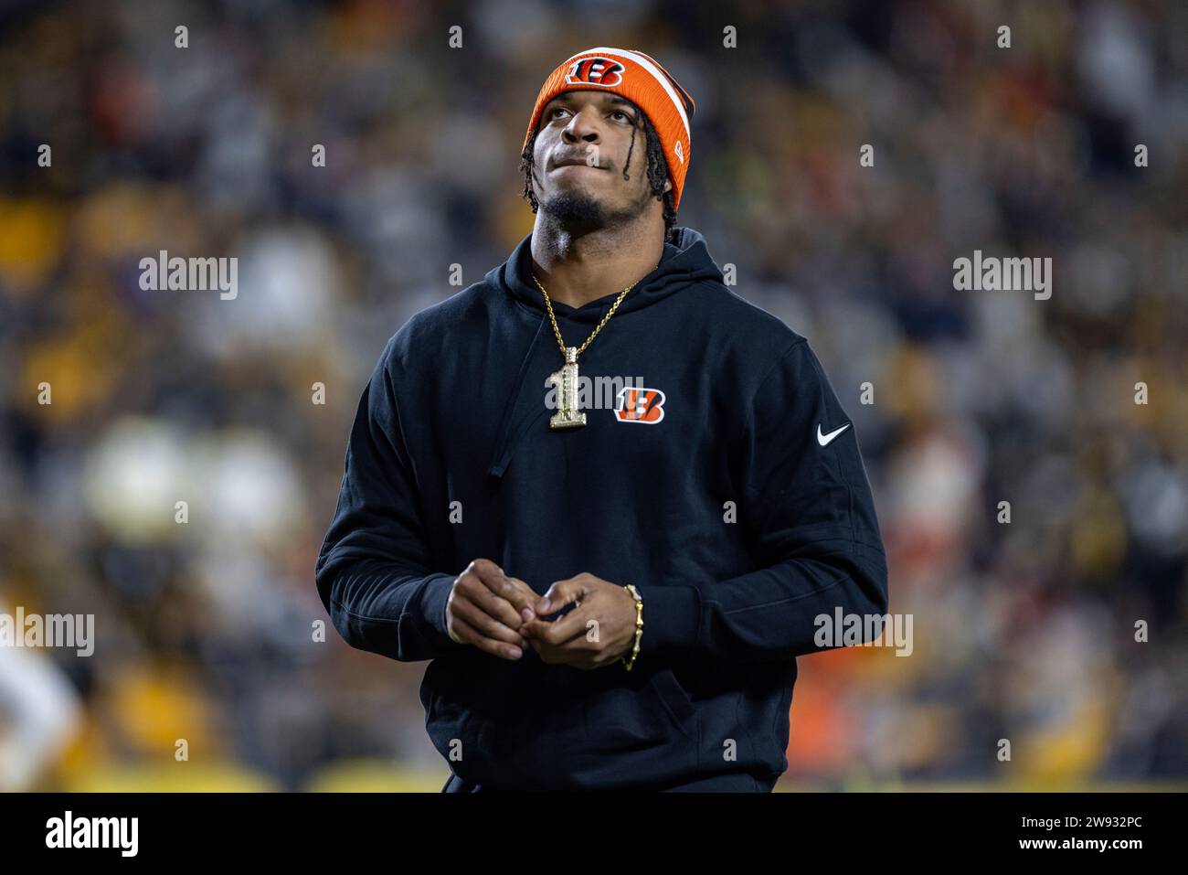 Cincinnati Bengals wide receiver Ja'Marr Chase (1) walks off the field ...