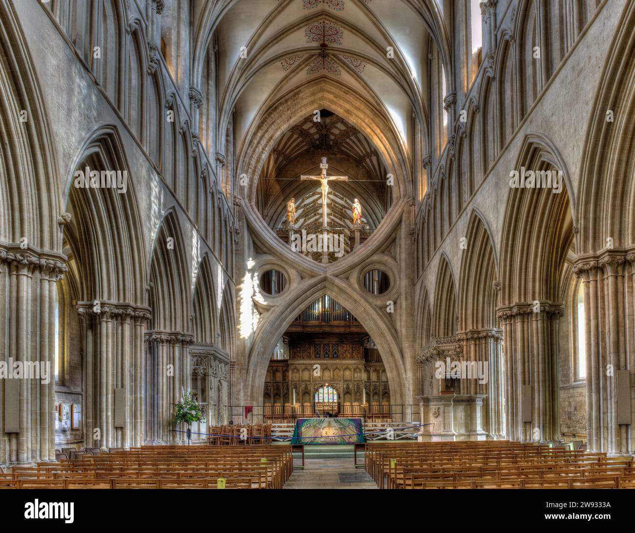 Wells Cathedral interior showing the famous scissors arches. Wells ...