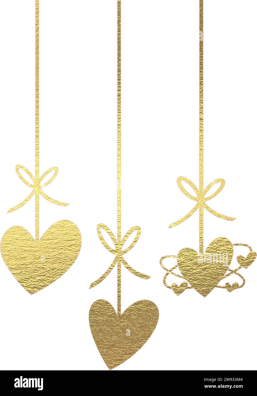 Hanging golden hearts with arrow and transparent background. Gold foil ...