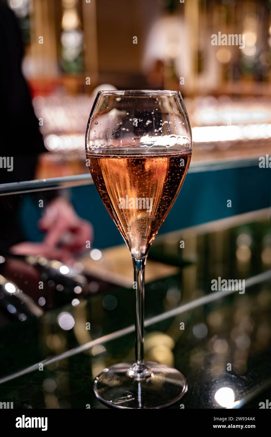 Glass with little bubbles, tasting of sparkling wine champagne on ...