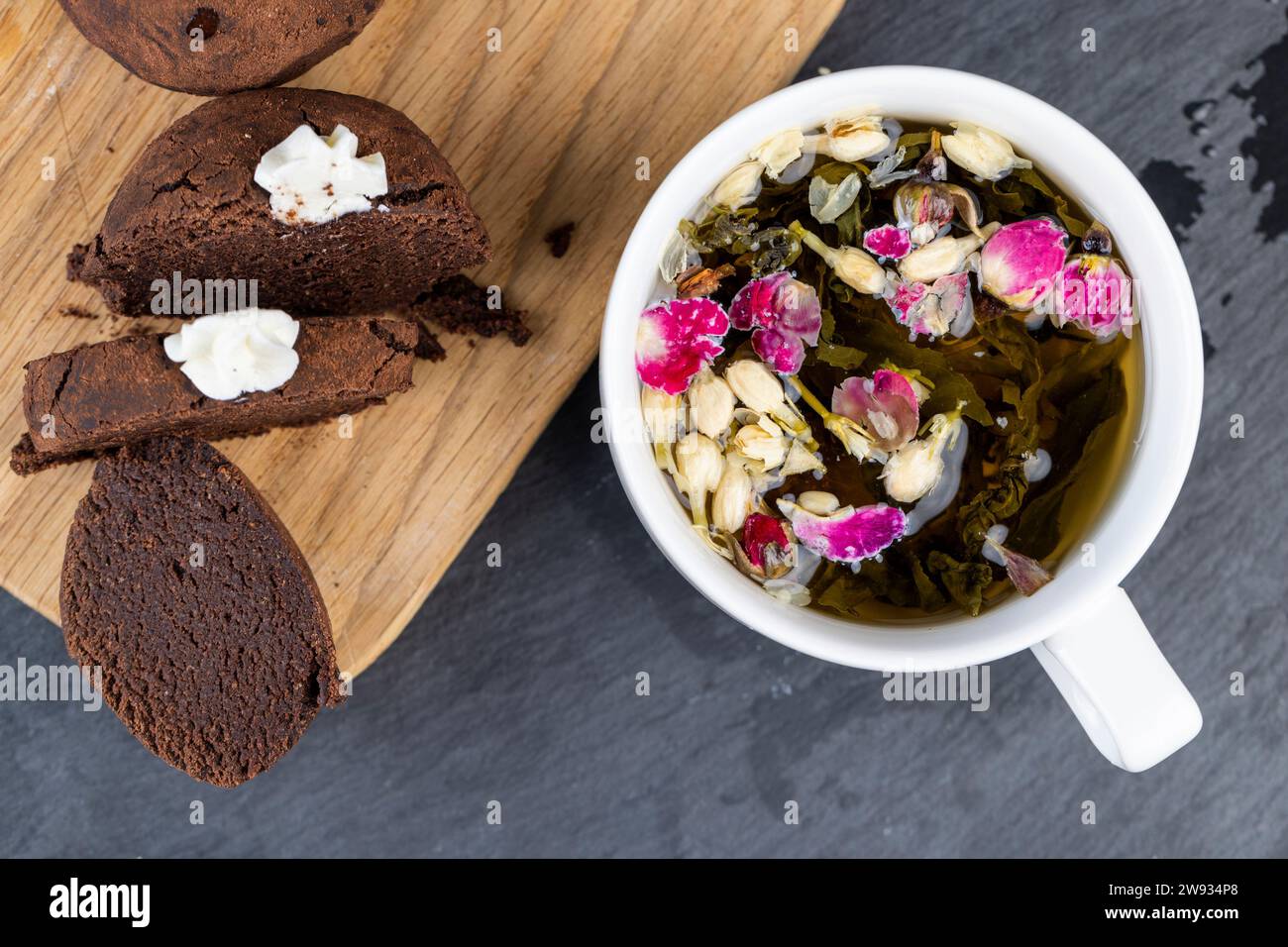 green tea with rose and jasmine flowers, cooked hot tea with the ...