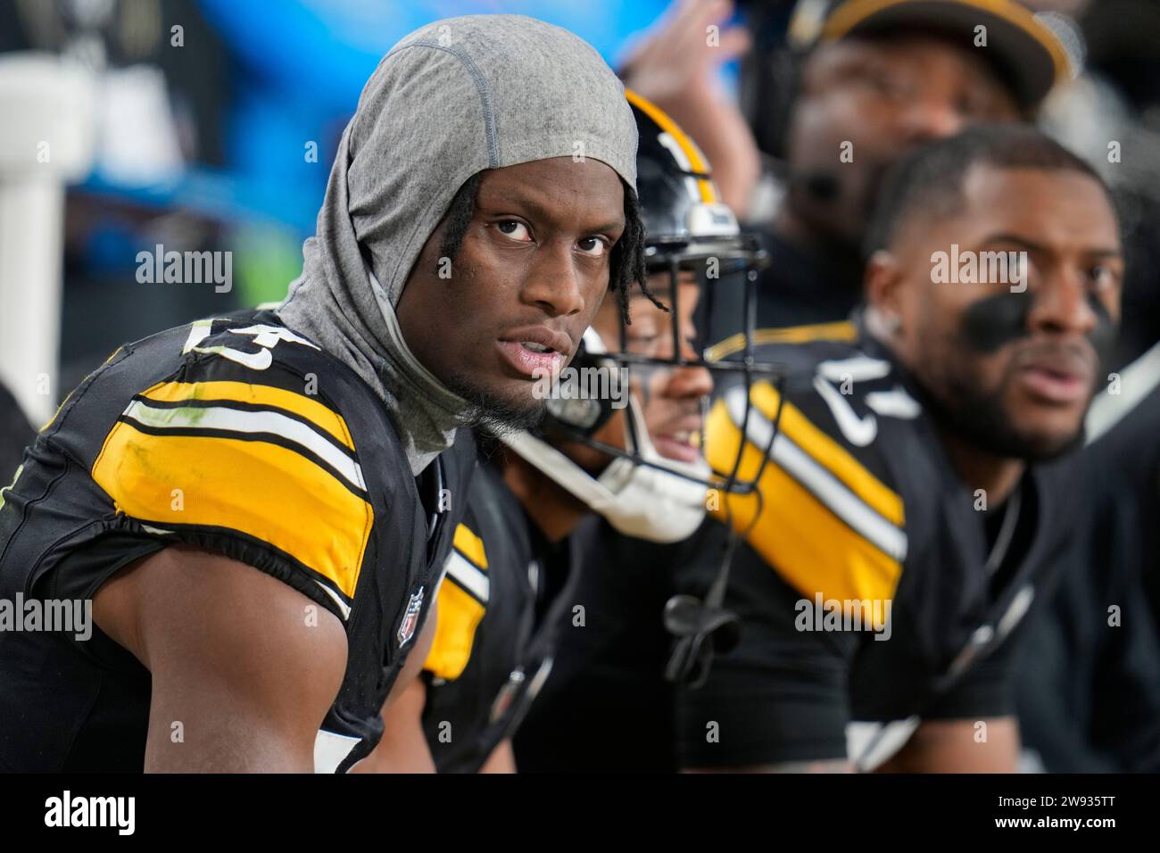 Pittsburgh Steelers wide receiver George Pickens (14) looks out from ...