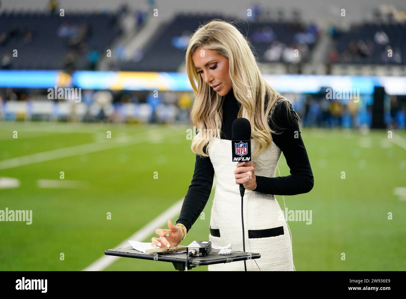 NFL network reporter Taylor Bisciotti works on the sideline before an ...