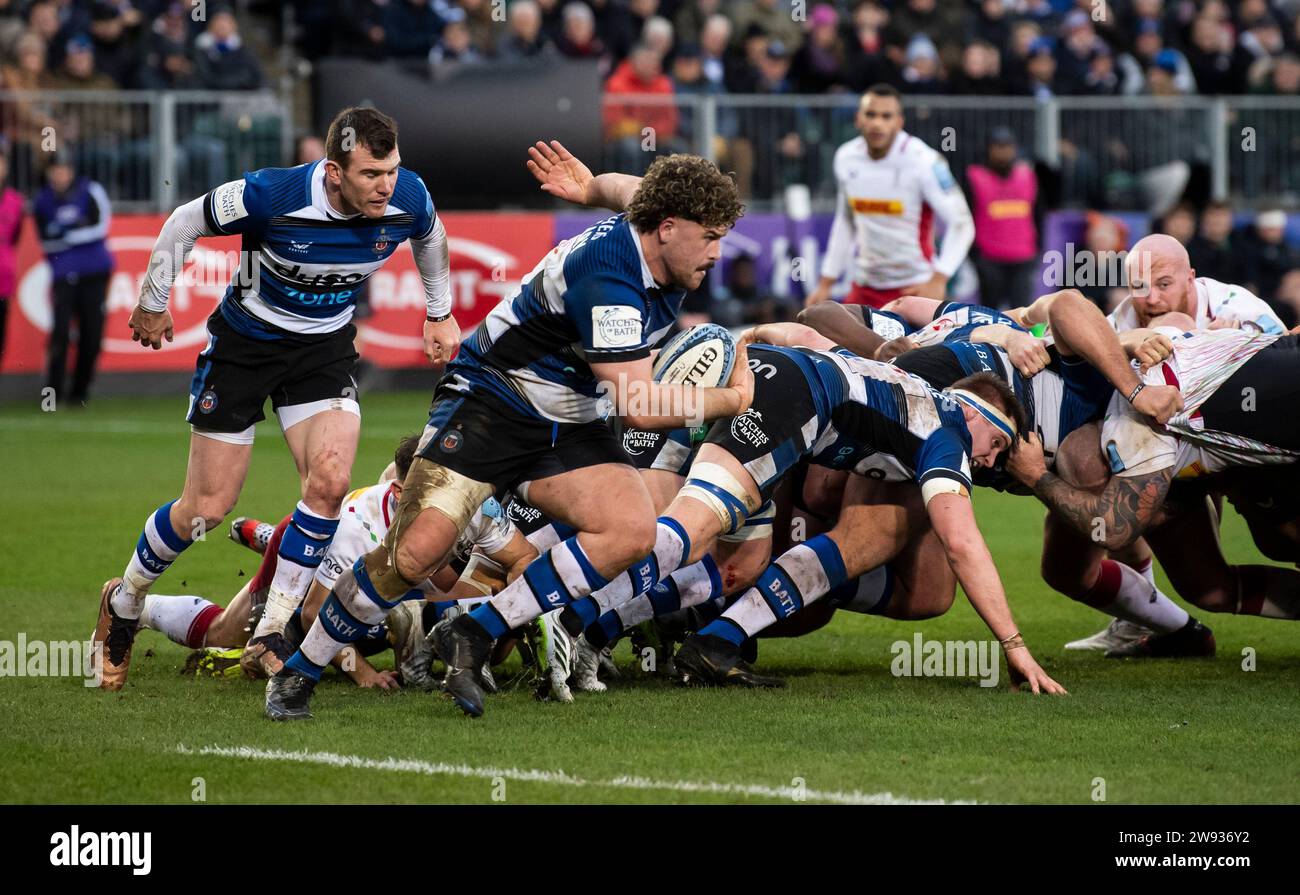 Bath, UK. 23rd Dec 2023. Bath Rugby Alfie Barbeary in action at the ...