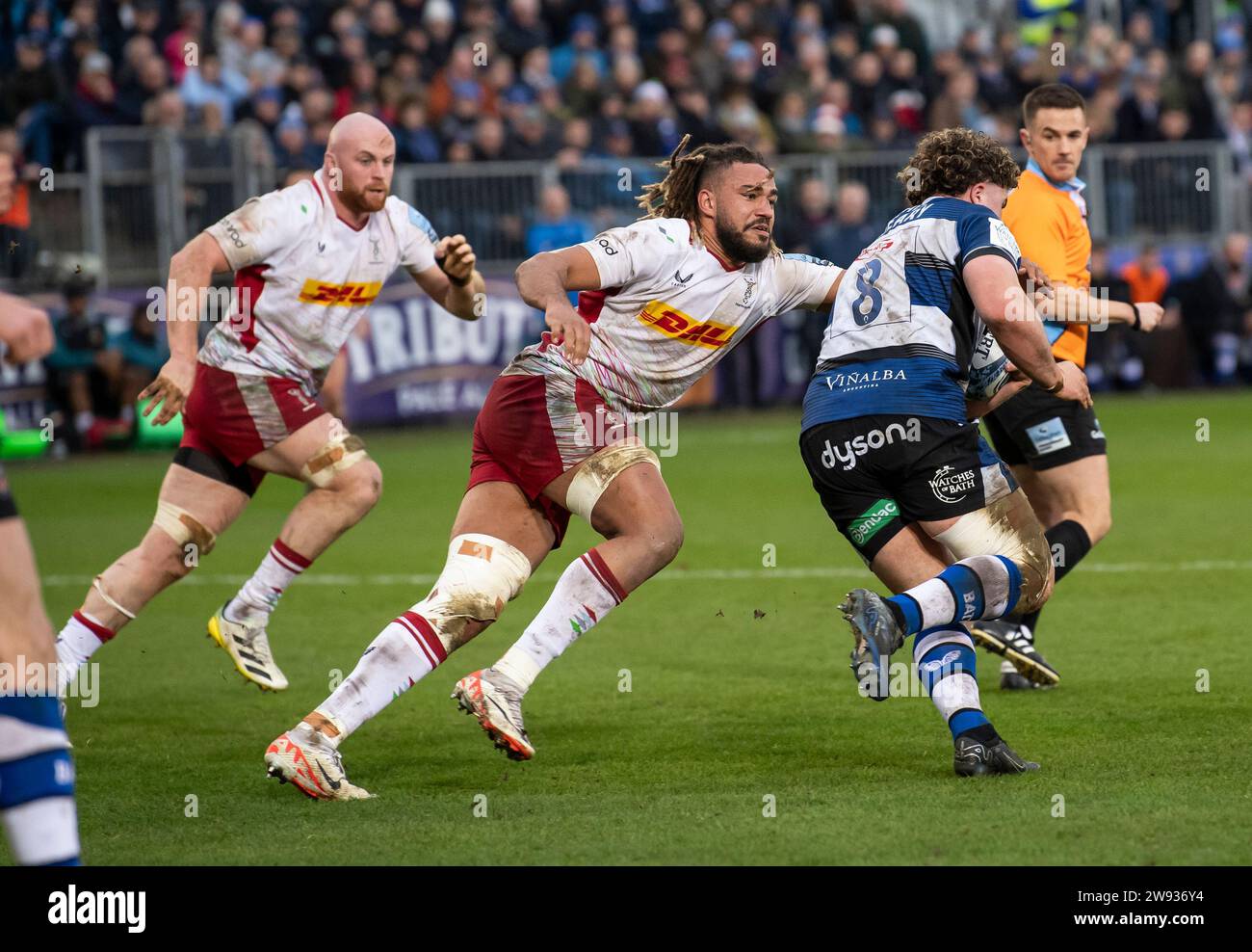 Bath, UK. 23rd Dec 2023. Bath Rugby Alfie Barbeary and Harlequins ...