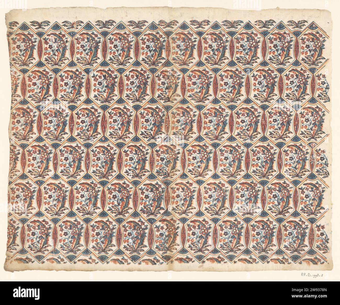 Leaf with rows of hexagonal shapes with flowers, anonymous, c. 1750 ...