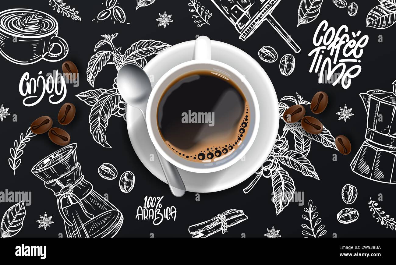 Realistic coffee background with drawings Stock Vector Image & Art - Alamy