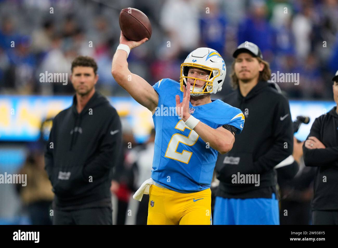 Los Angeles Chargers quarterback Easton Stick (2) warms up before an ...