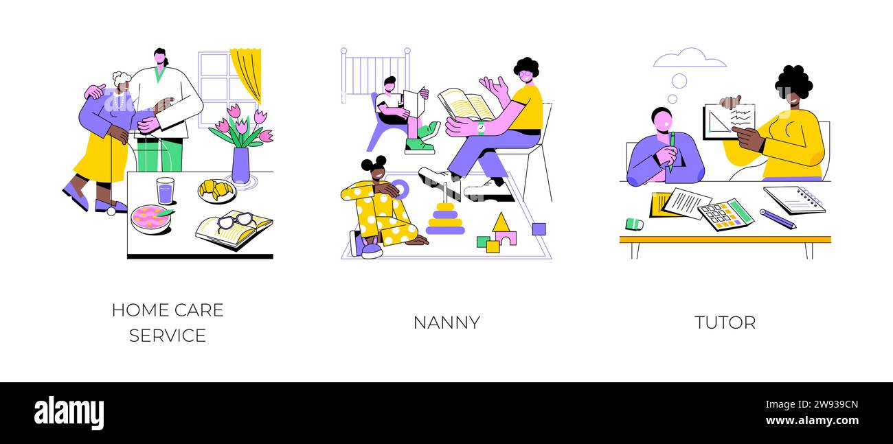 Caregiver services isolated cartoon vector illustrations set. Home care ...