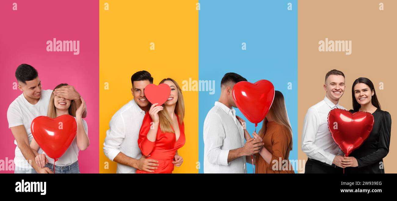 Romantic date. Different lovely couples on color backgrounds, set of ...