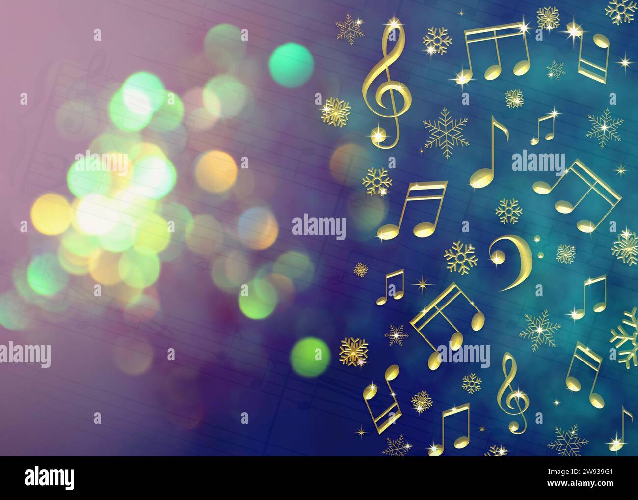 Music notes, snowflakes and sheet with musical symbols, space for text ...