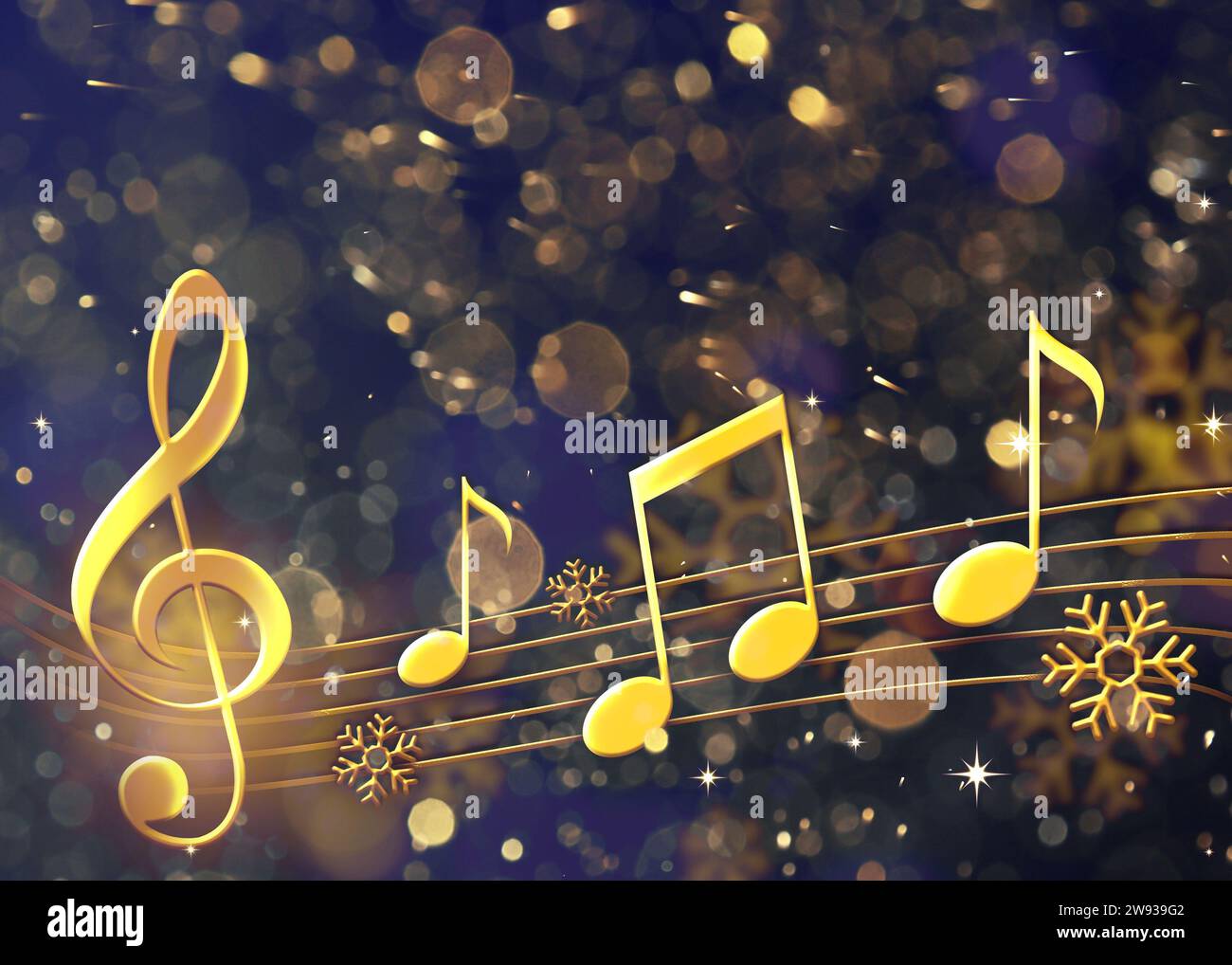 Treble clef, music notes and snowflakes against dark blue background ...