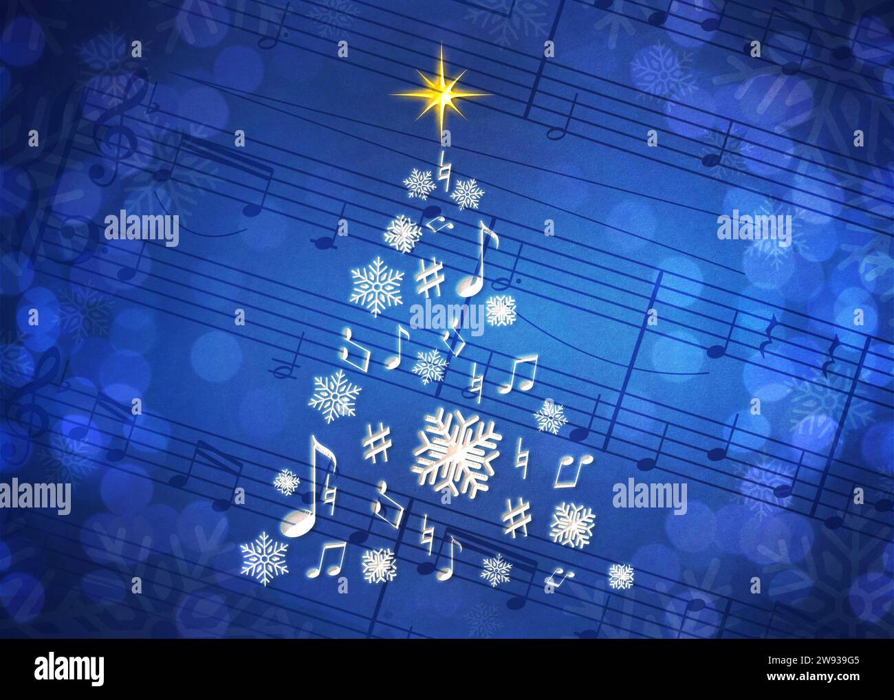 Christmas tree made of music notes and snowflakes against sheet with ...