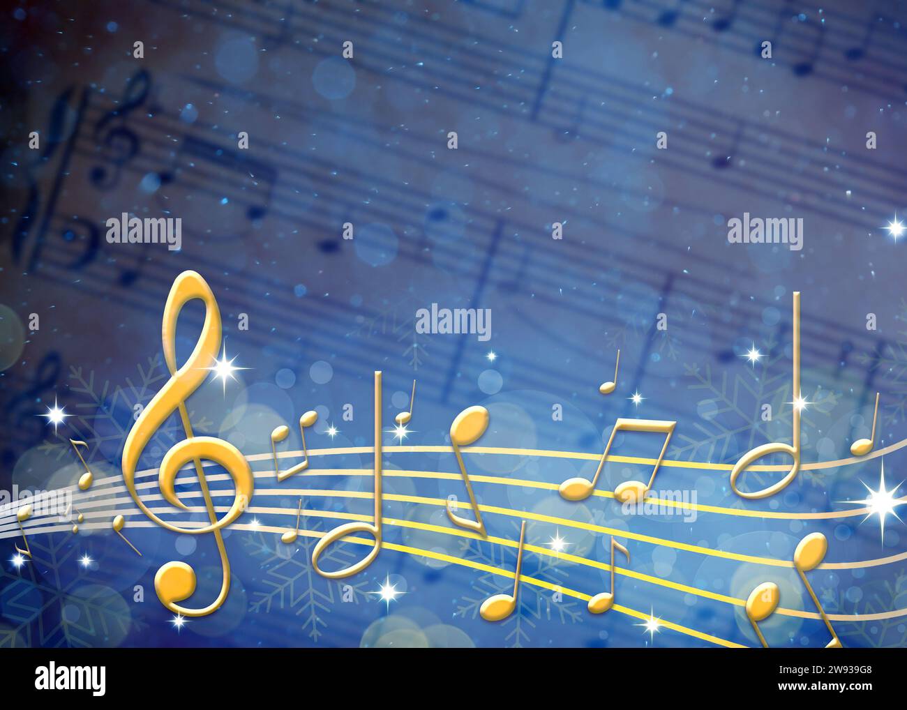 Treble clef, music notes, snowflakes and sheet with musical symbols ...