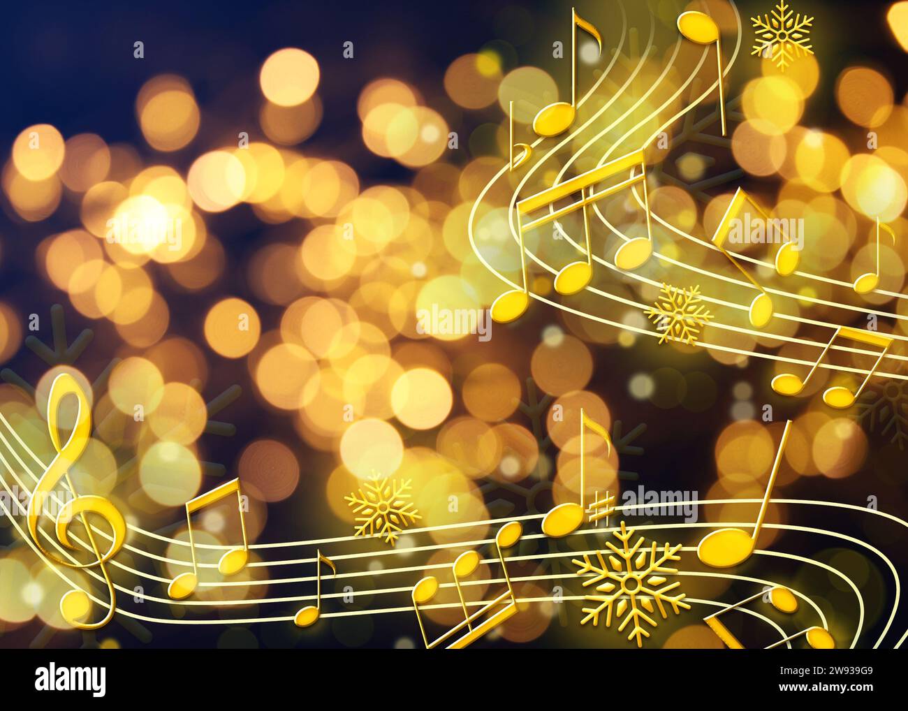 Treble clef, music notes and snowflakes against dark background. Bokeh ...