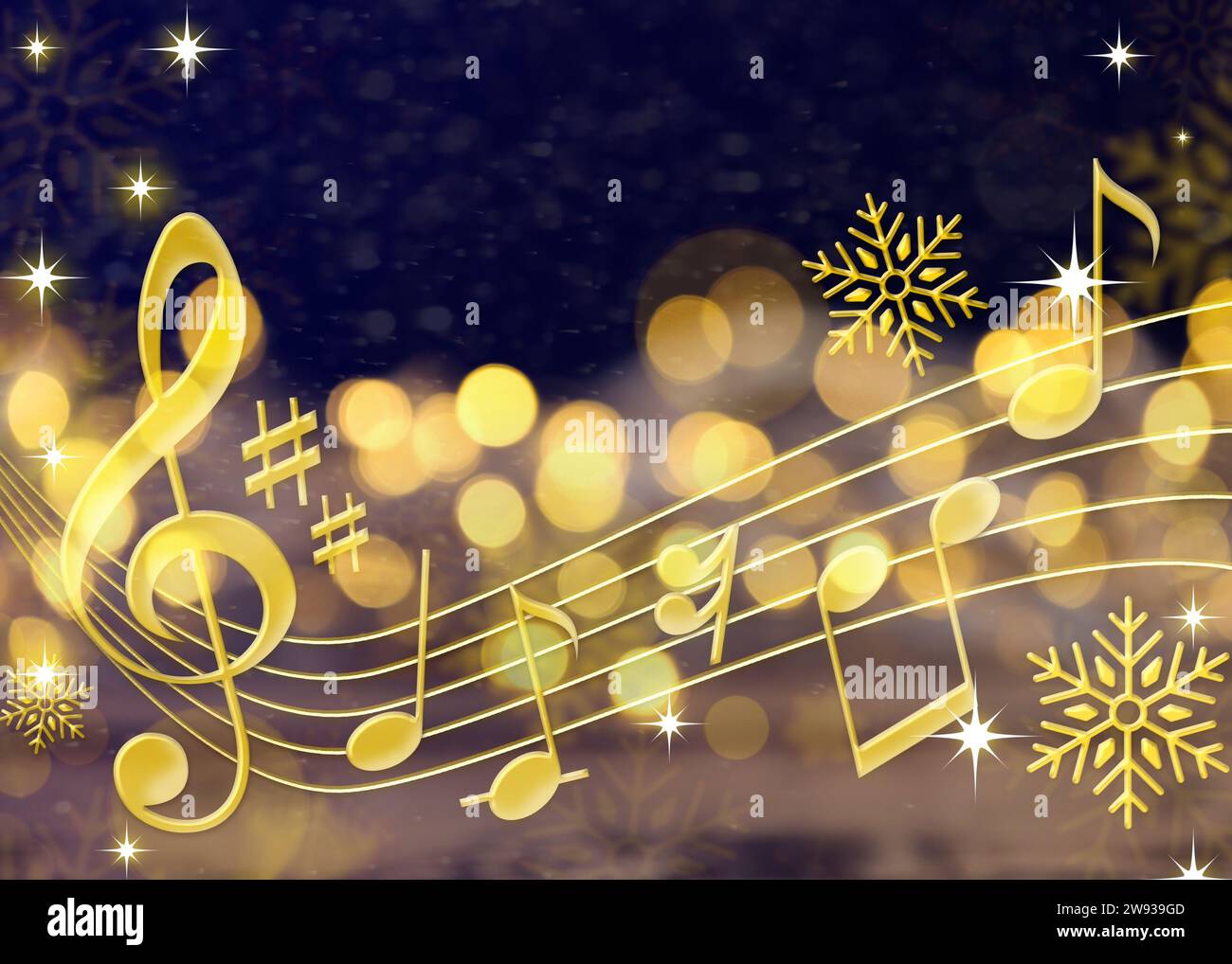 Treble clef, music notes and snowflakes against dark blue background ...