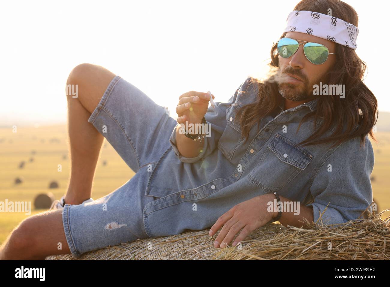 Hippie man smoking joint on hay bale in field Stock Photo - Alamy