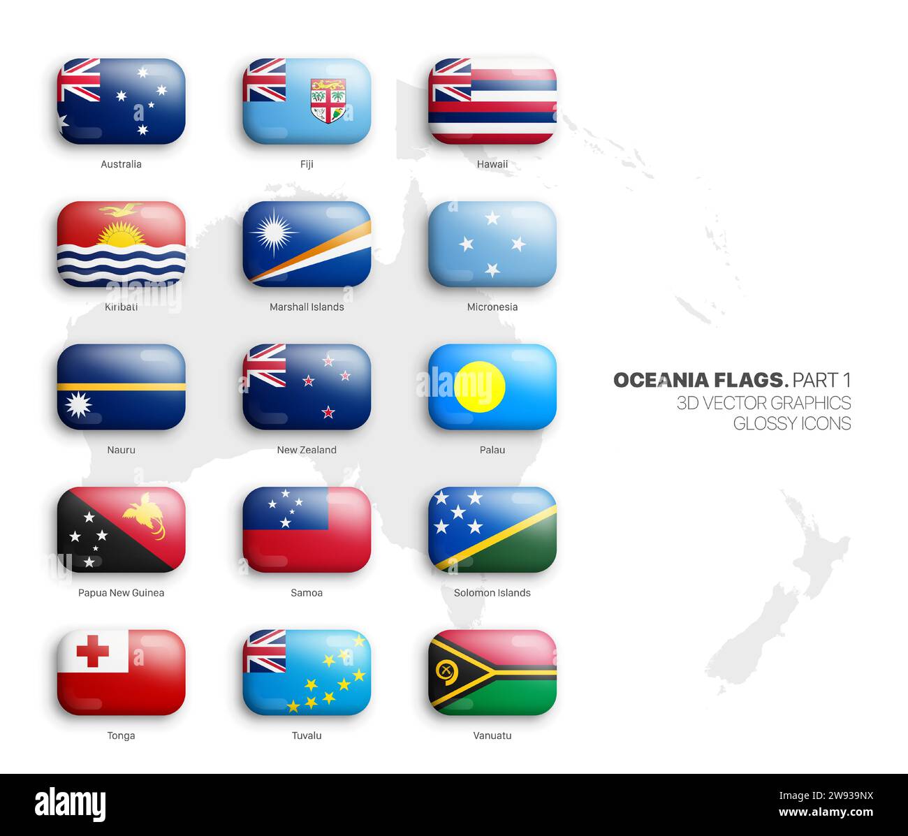Oceania Countries Flags 3D Vector Rounded Glossy Icons Set Isolate On ... Oceania Countries Flags 3D Vector Rounded Glossy Icons Set Isolate On ...