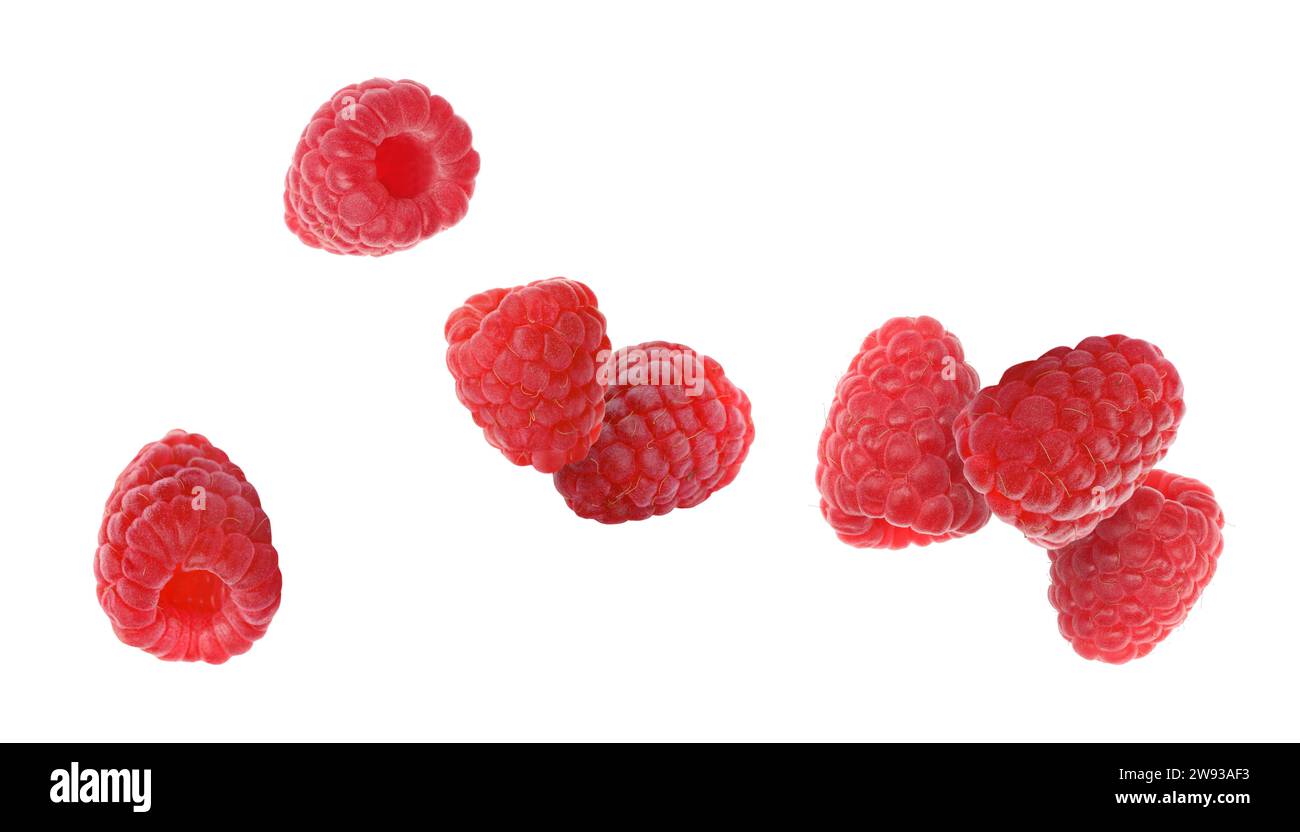 Fresh ripe raspberries falling on white background Stock Photo - Alamy