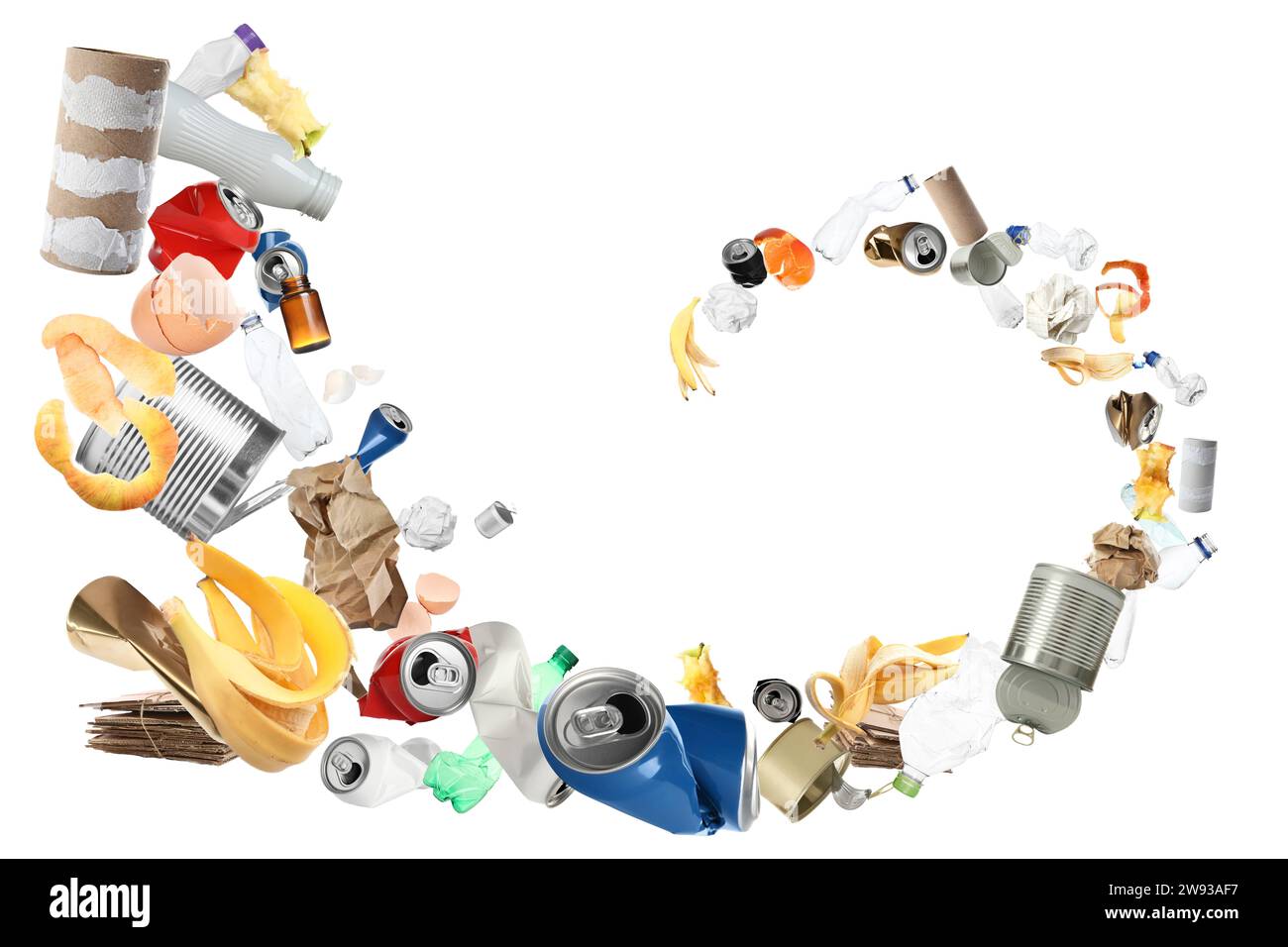 Lots of different garbage flying on white background Stock Photo - Alamy