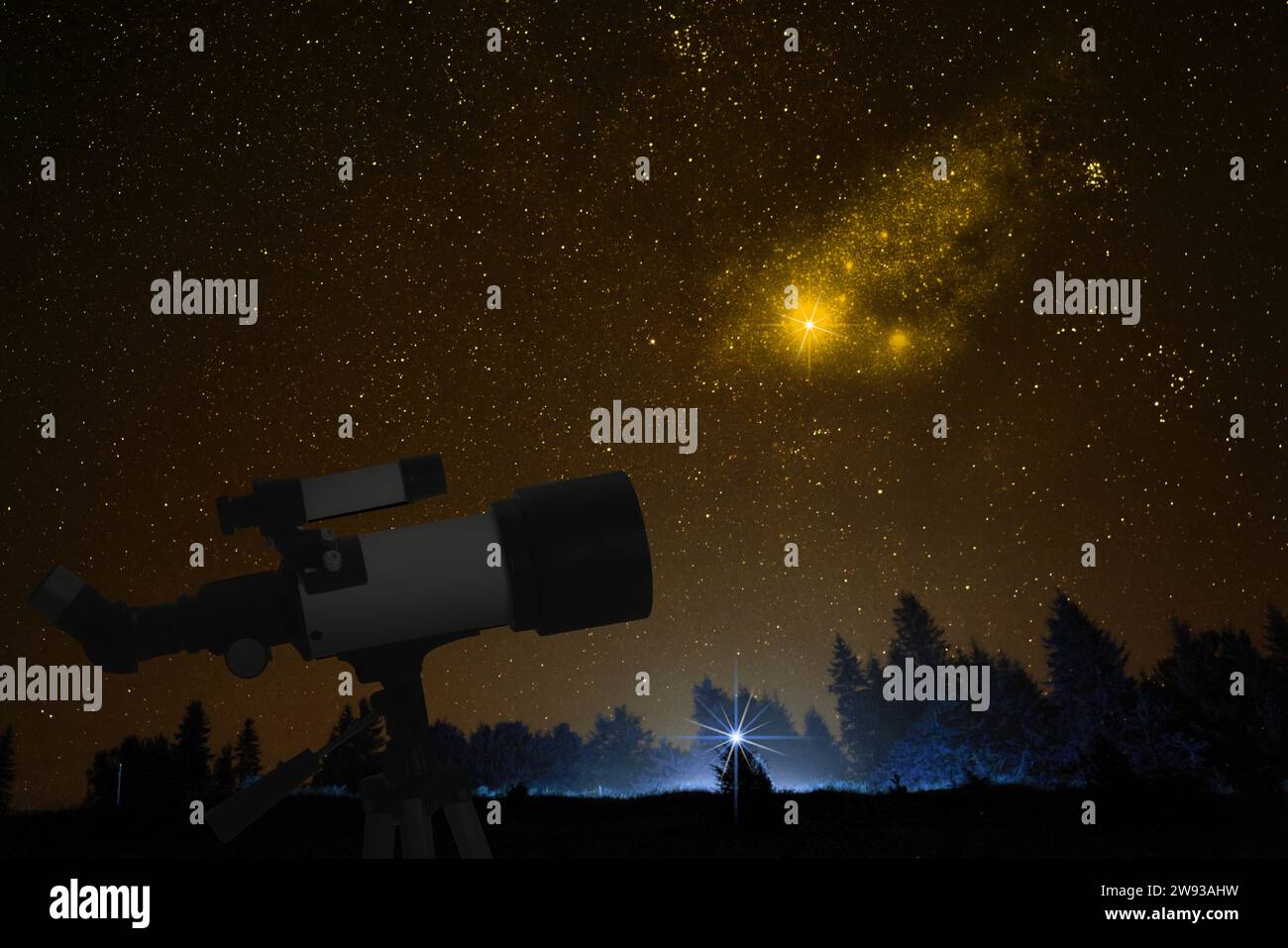 Astronomy. Viewing beautiful starry sky through telescope at night ...
