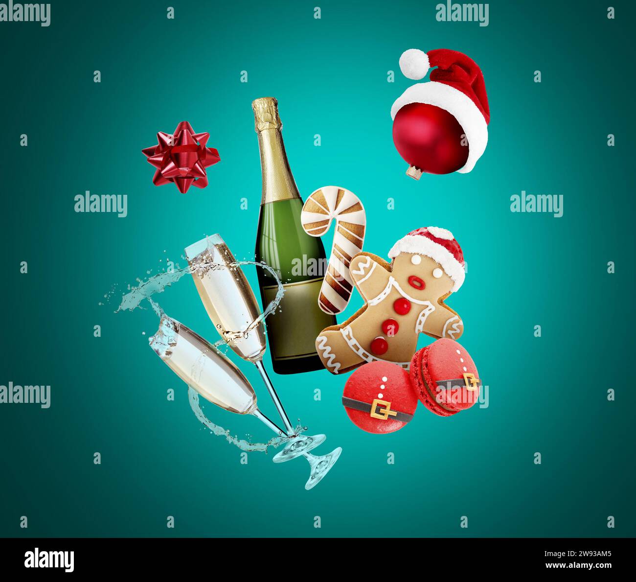 New Year celebration. Different festive stuff in air on teal gradient ...