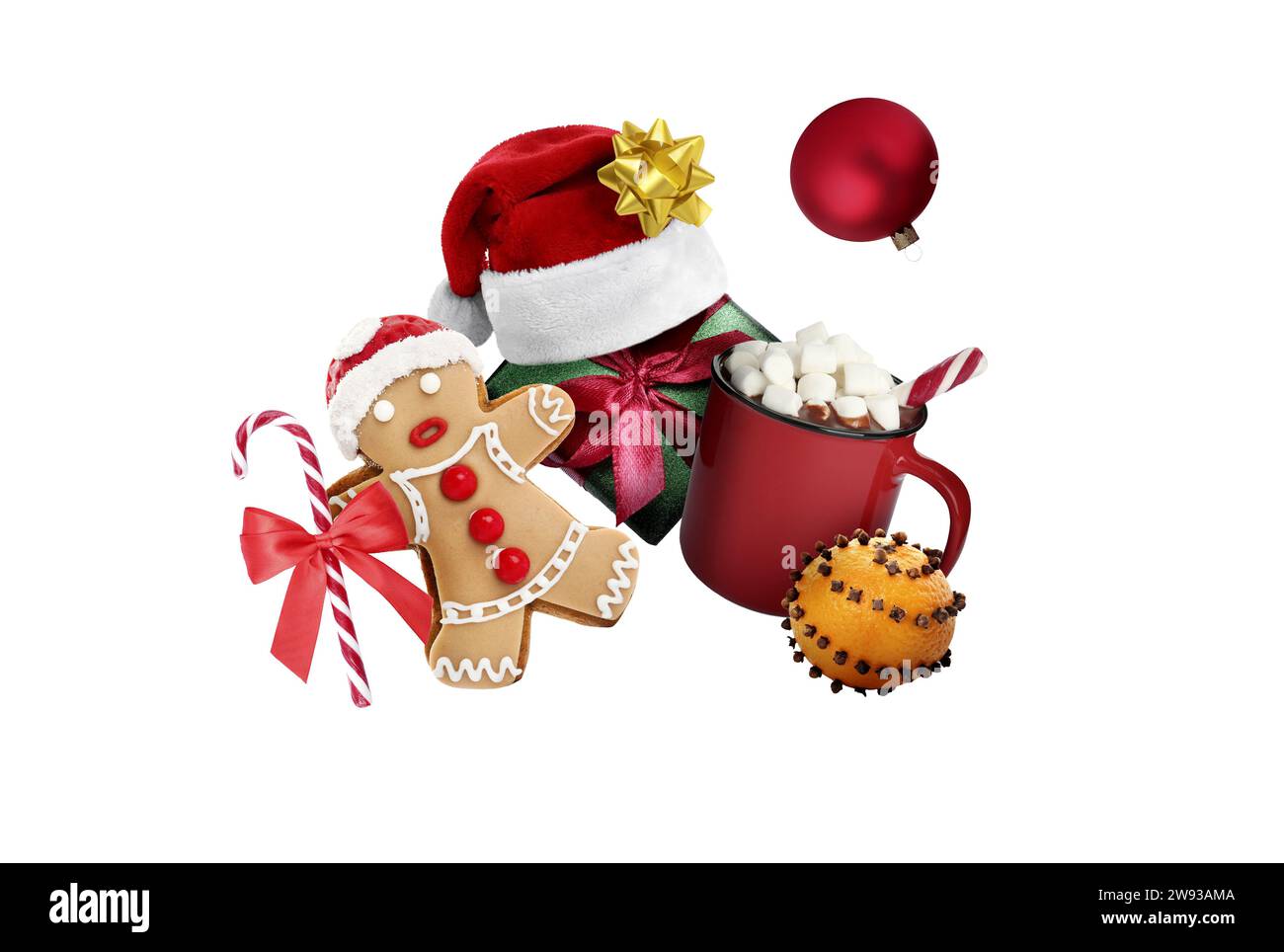 Christmas celebration. Different festive stuff in air on white ...