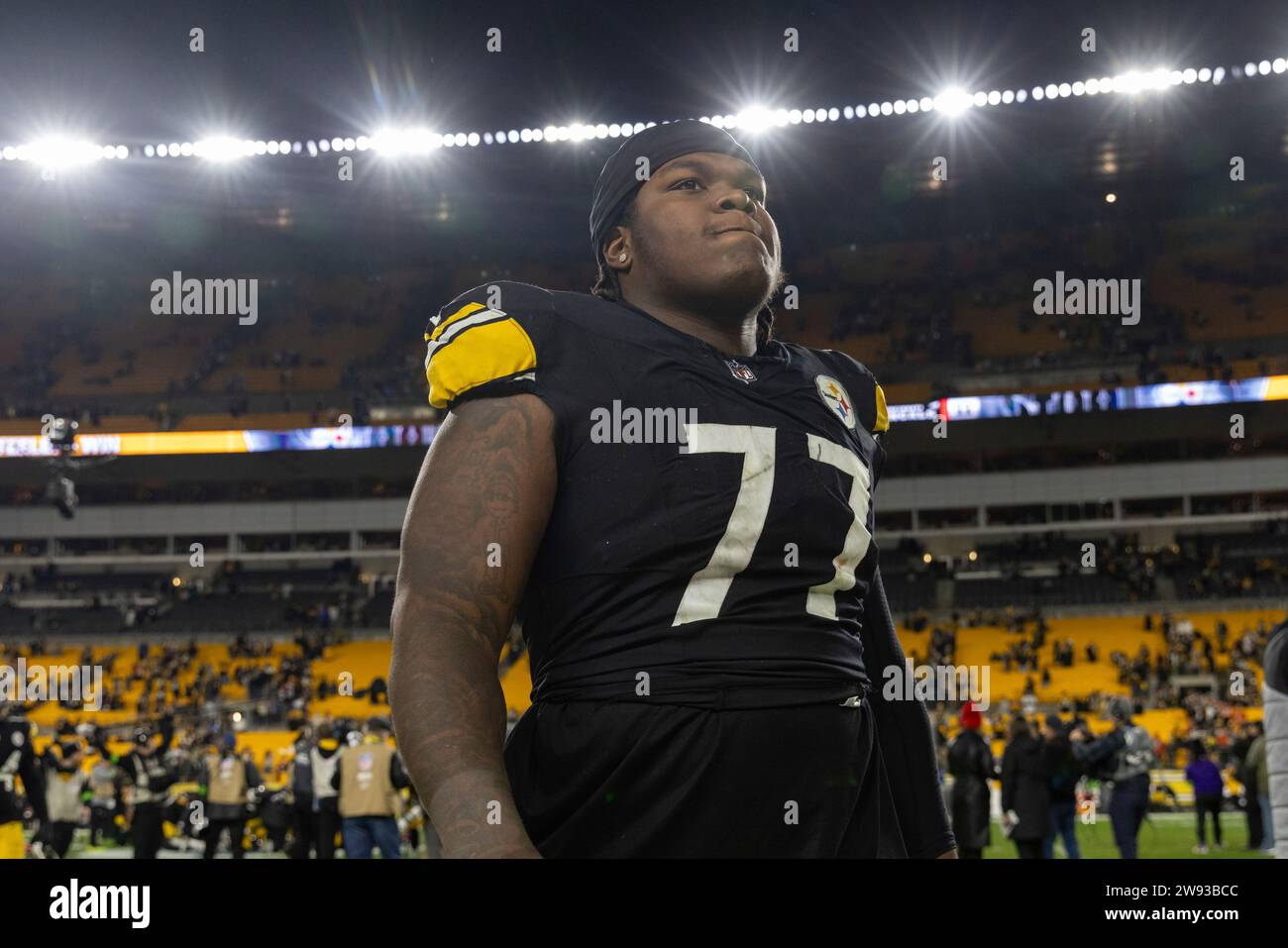 Pittsburgh Steelers offensive tackle Broderick Jones (77) walks off the ...