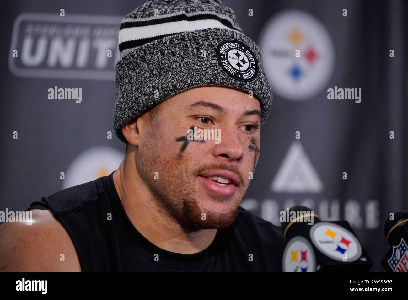Pittsburgh Steelers linebacker Alex Highsmith speaks during a news ...