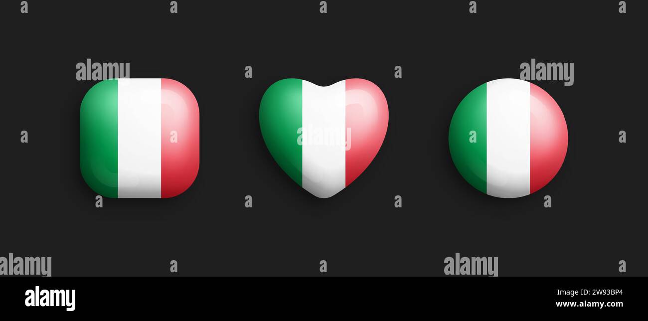 Italy Official National Flag 3D Vector Glossy Icons In Rounded Square ...