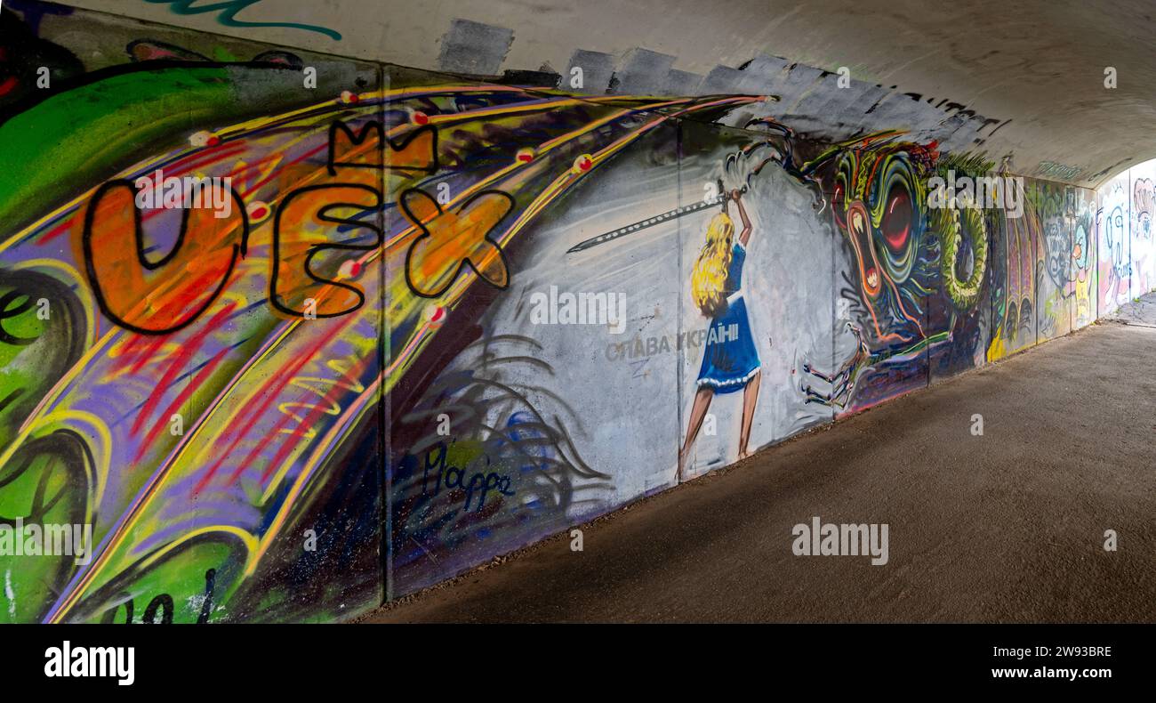 Girl in blue dress with sword attacking a monster: Graffiti under the ...